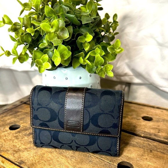 Coach | Bags | Coach Blue Signature Logo Tri Fold Wallet With Coin ...